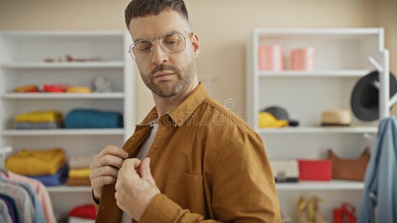 Handsome Hispanic Man Dressing in a Stylish Wardrobe Room Stock Photo ...