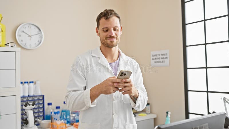 Handsome Hispanic Man in Lab Coat Using Smartphone in a Bright Clinic ...
