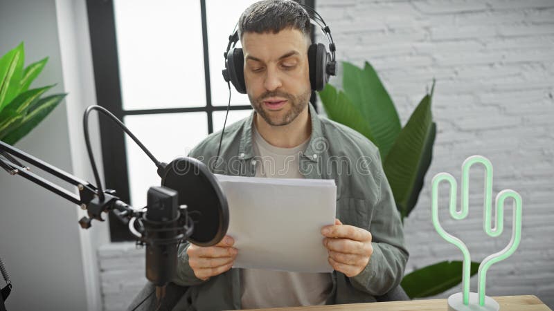 Handsome Hispanic Man Reading a Script in a Modern Radio Studio ...