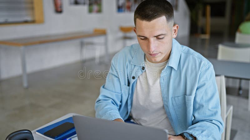 Handsome Hispanic Man Studying on Laptop in a Modern University ...