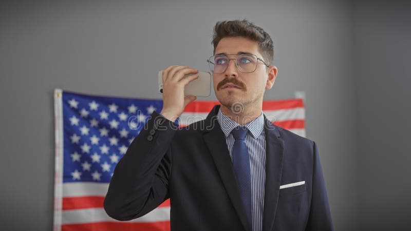 Handsome Hispanic Man in Suit Using Smartphone in Office with American ...
