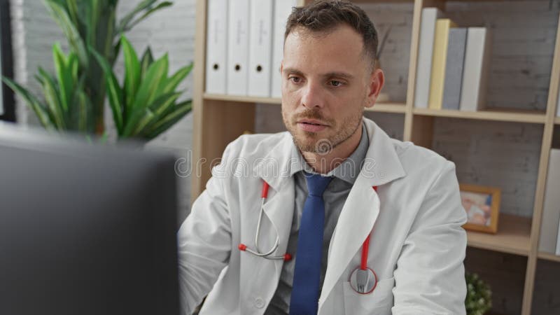 Handsome Hispanic Man Wearing a Lab Coat and Stethoscope Working on ...