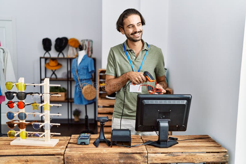 Handsome Hispanic Man Working at Shop Using Barcode Scanner at Retail Shop Stock Photo - Image ...