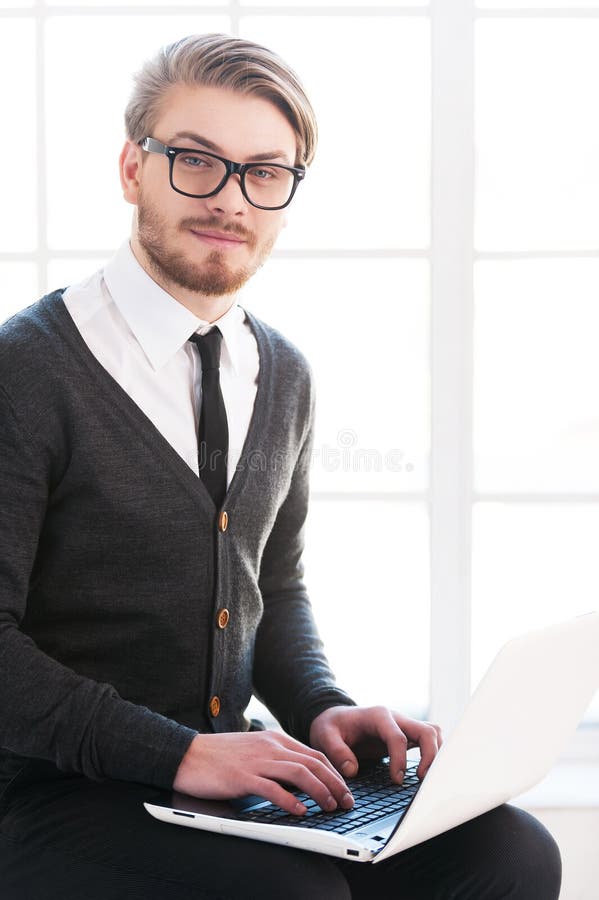 Handsome with laptop. stock photo. Image of smart, adult - 37715996