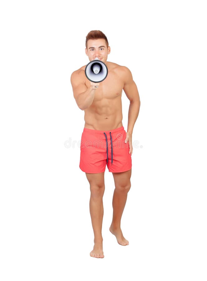 Handsome Lifeguard with Red Swimsuit and Megaphone Stock Photo - Image ...