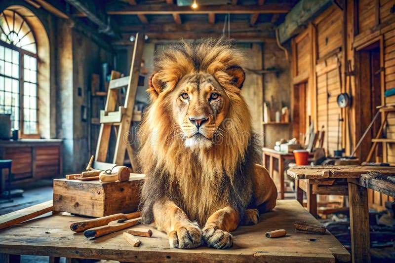 Handsome Lion Sits on a Workbench in a Carpentry Workshop Stock ...