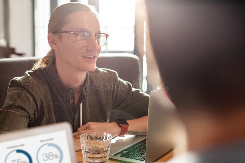 Handsome Long Haired Man Explaining His Ideas Stock Photo - Image of ...