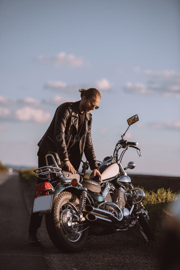 Handsome Male Biker with Classical Motorcycle Stock Image - Image of ...