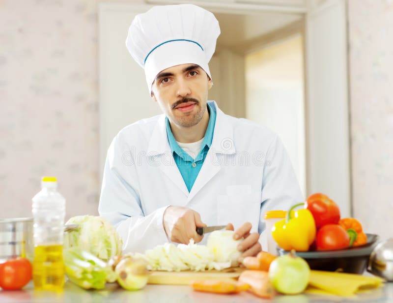 Handsome Male Cook Does Vegetarian Lunch Stock Image - Image of knife ...