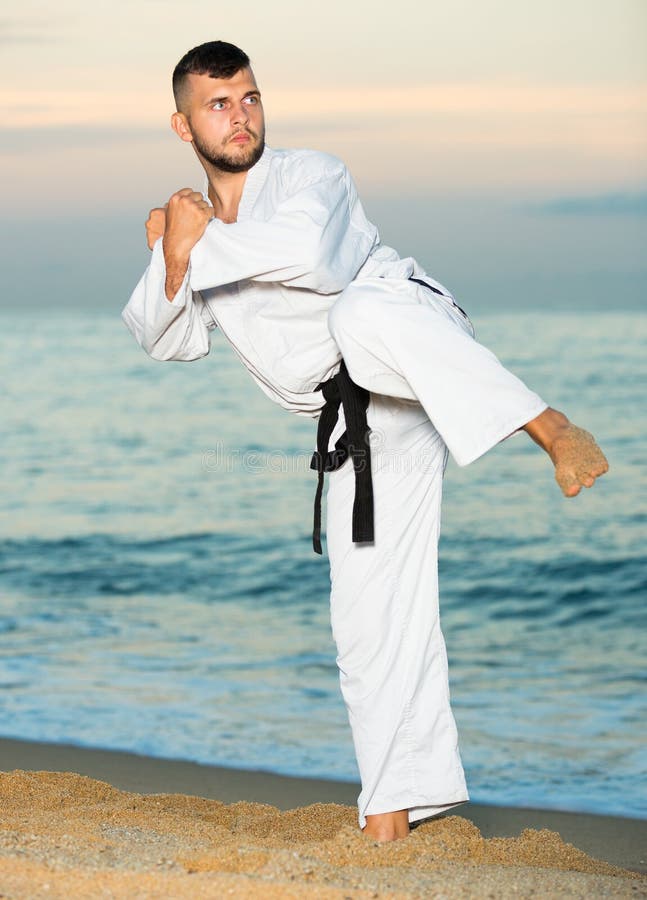 Handsome Male Doing Karate at Ocean Quay Stock Photo - Image of person ...