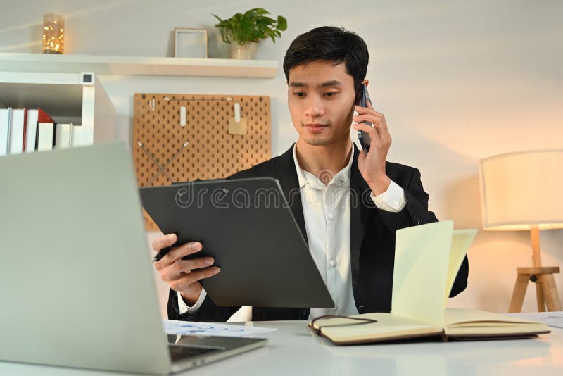 Handsome Male Financial Advisor Having Pleasant Mobile Phone ...