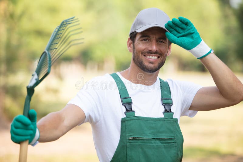 Handsome Male Gardener Holding Rake Stock Photo - Image of people ...