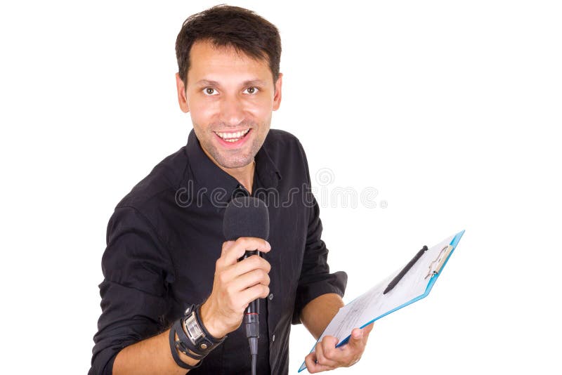 Handsome Male Journalist Reporting News on Microphone with Notes Stock ...