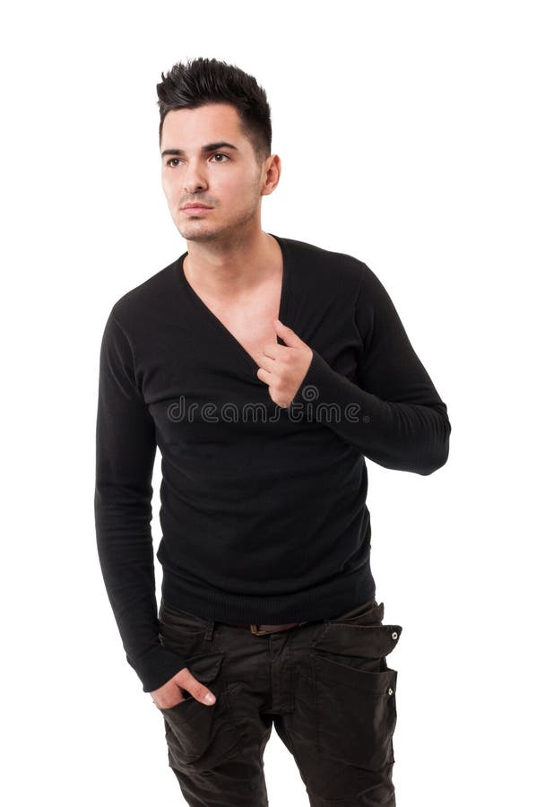 Handsome Male Model Pulling His Sweater Stock Image - Image of pants ...