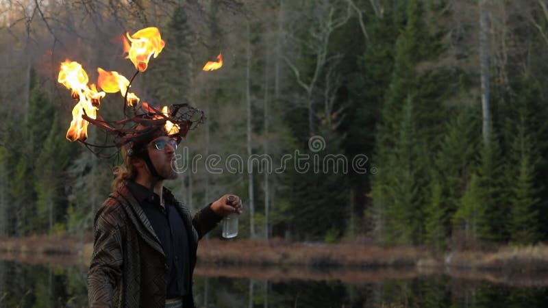 Handsome Male Performer Spitting Fire Stock Video - Video of ...