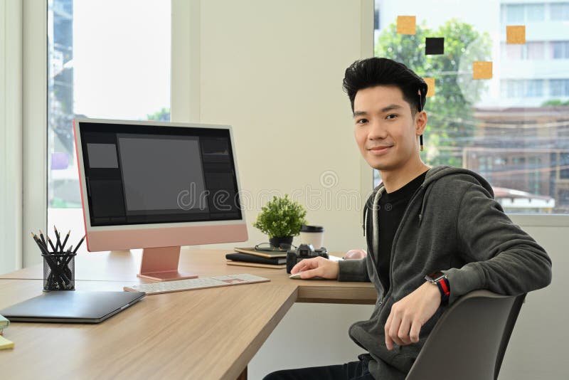 Handsome Male Photo Editors Sitting in Creative Workplace Front of ...