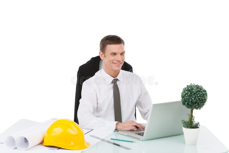 Handsome Male Smiling and Typing at Computer. Stock Image - Image of ...