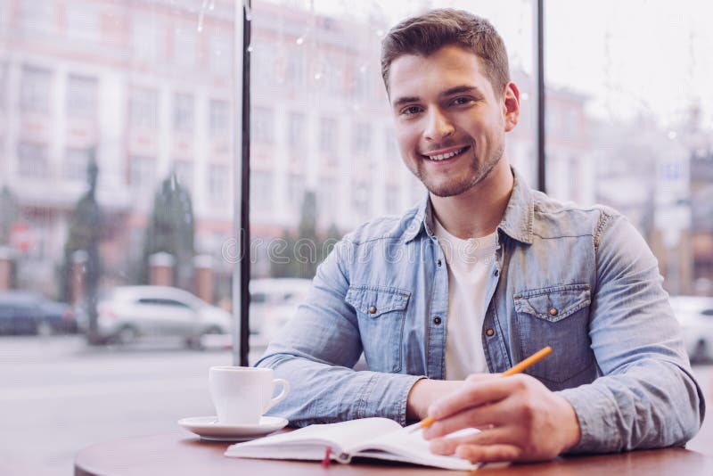 Handsome Male Student Doing Task Stock Photo - Image of cafe, project ...