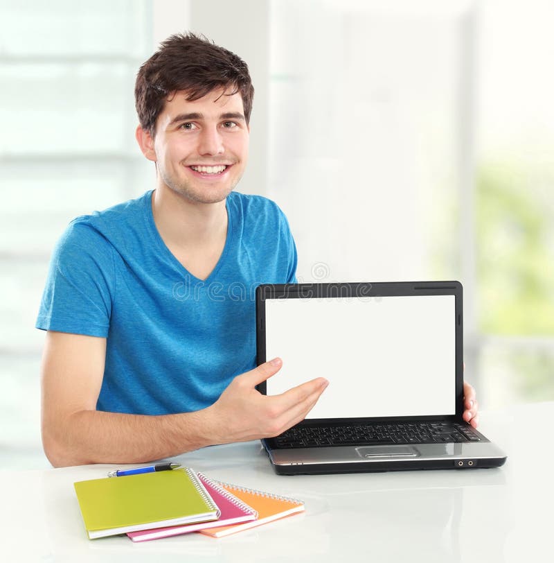 Teen Student Pointing at Blank Laptop Screen. Stock Image - Image of ...
