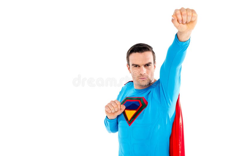 Handsome Male Superhero Raising Hand and Looking at Camera Stock Photo ...