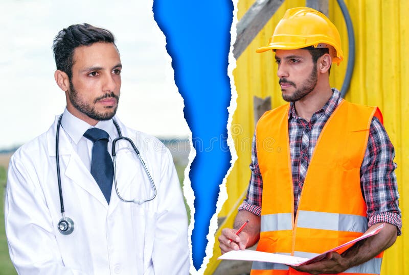 Handsome Man As Construction Worker and As Doctor on Torn Paper Stock ...
