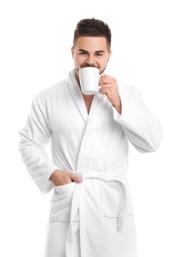 Handsome Man in Bathrobe Drinking Coffee on White Stock Image - Image ...