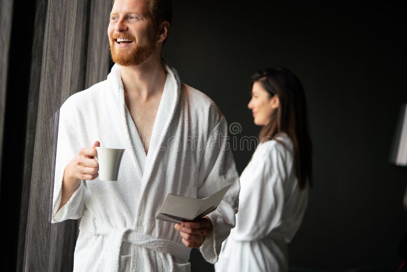 Handsome Man in Bathrobe Relaxing at Spa Wellness Hotel Stock Photo ...