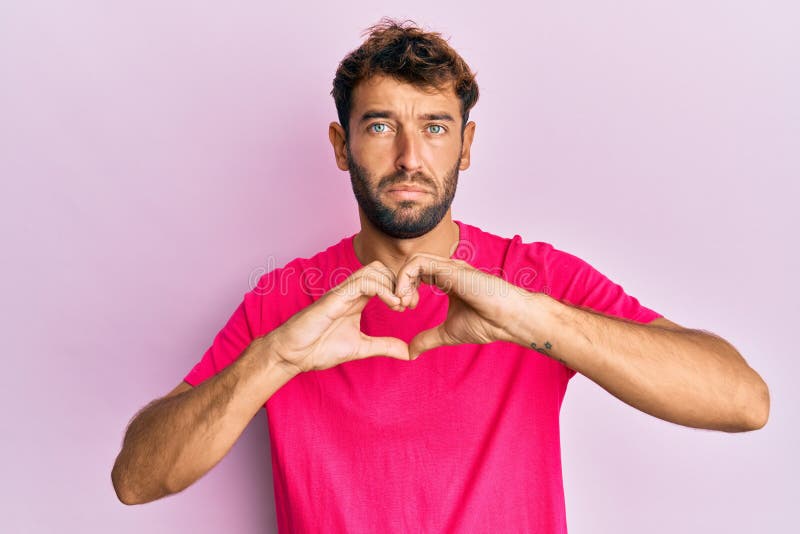 Handsome Man with Beard Making Heart Symbol with Hands Shape Depressed ...