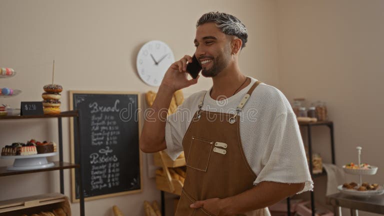 Handsome Man with Beard Talking on Phone while Working in Bakery Shop ...