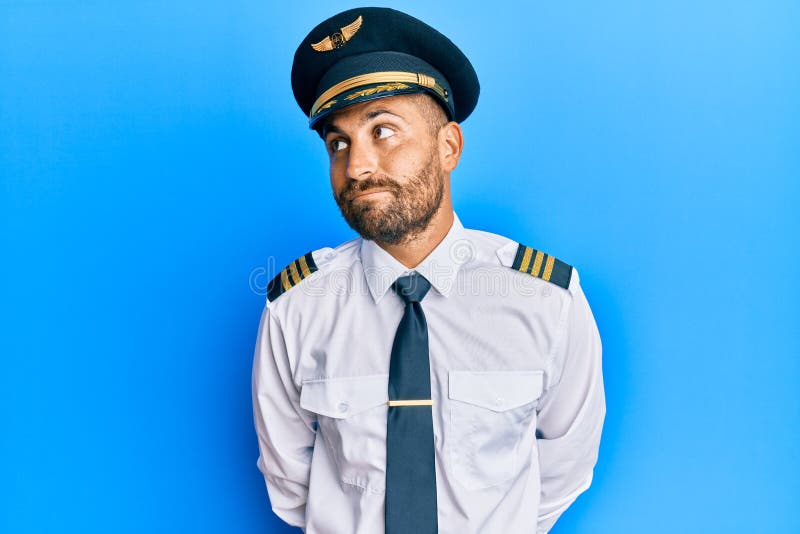 Handsome Man with Beard Wearing Airplane Pilot Uniform Smiling Looking ...