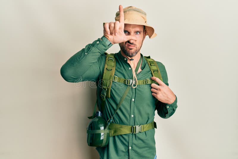 Handsome Man with Beard Wearing Explorer Hat and Backpack Making Fun of ...