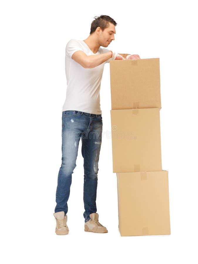 Handsome Man with Big Boxes Stock Image - Image of cool, cardboard ...