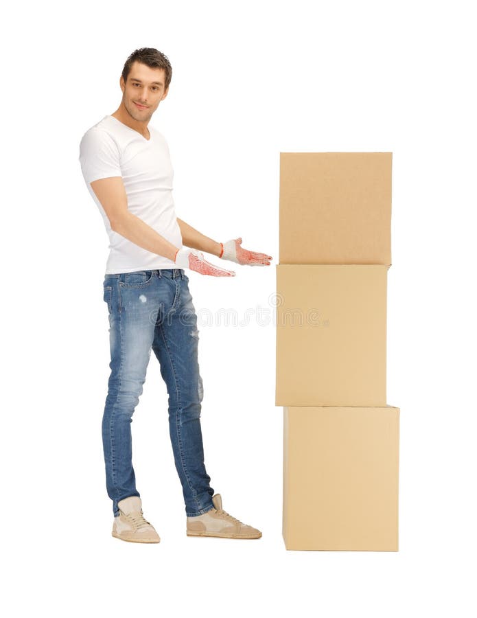 Handsome Man with Big Boxes Stock Image - Image of casual, packaging ...