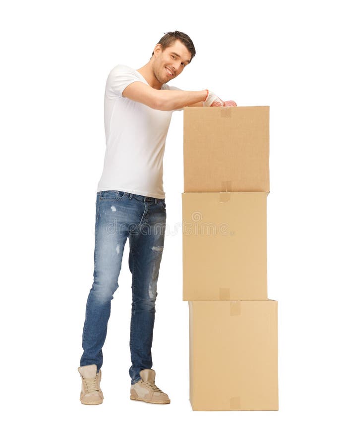 Handsome Man with Big Boxes Stock Image - Image of casual, package ...