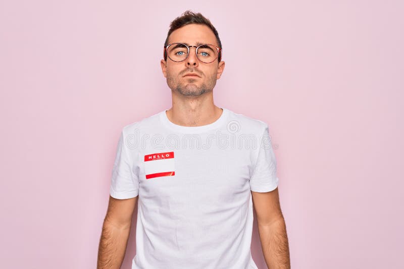 Handsome Man with Blue Eyes Wearing Sticker with Hello My Name is ...