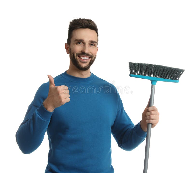 Handsome Man with Broom on White Background Stock Photo - Image of ...