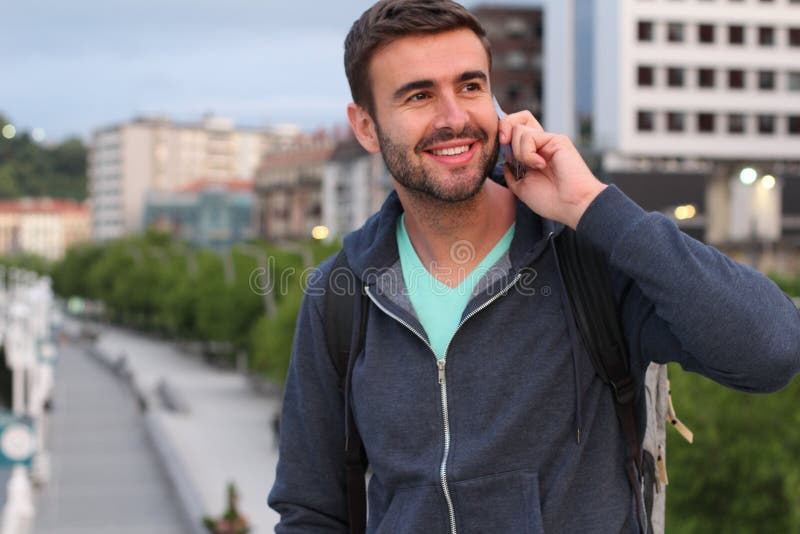 Handsome Man Calling by Phone from the Harbor with Copy Space Stock ...
