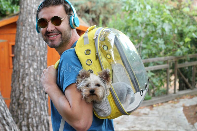 Handsome Man Carrying Dog in Striped Backpack Stock Photo - Image of ...