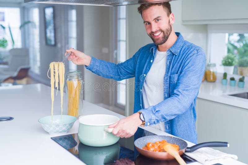 Handsome Man Cooking Pasta at Home Stock Image - Image of dinner, fresh ...