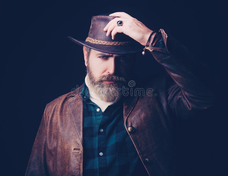 Handsome Man in Cowboy Costume Stay in Dark. Vampire Hunter. Stock ...