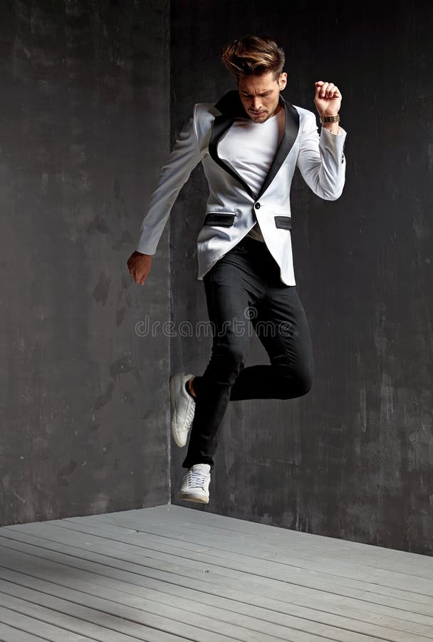 Handsome Man Dancing on the Wooden Floor Stock Photo - Image of black ...