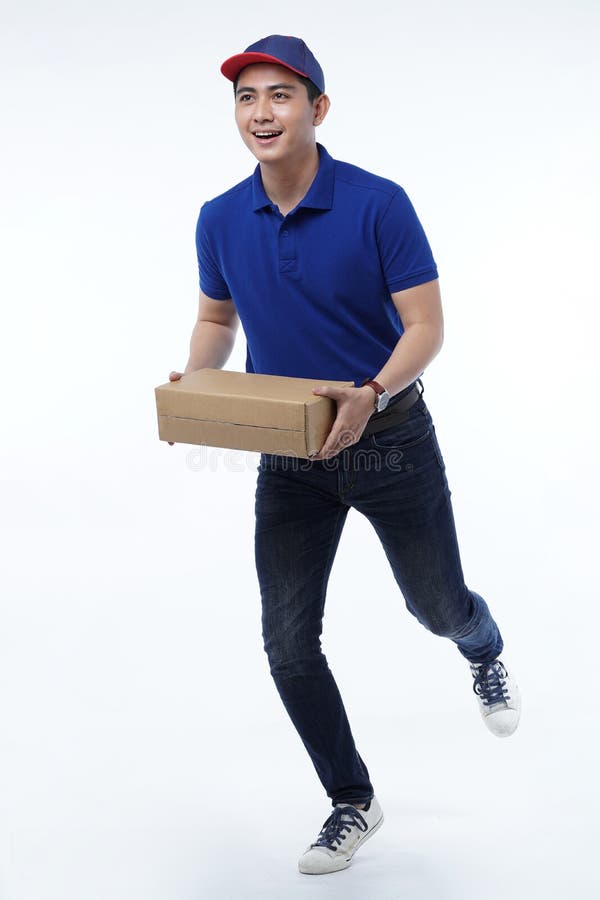 Delivery Man in Blue Uniform with Packages Isolated on White Stock ...