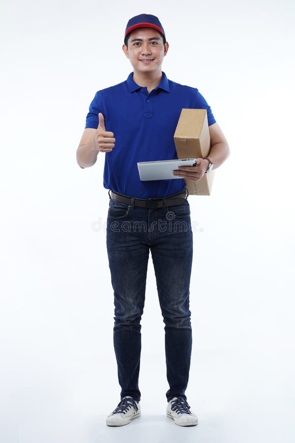 Delivery Man in Blue Uniform with Packages Isolated on White Stock ...