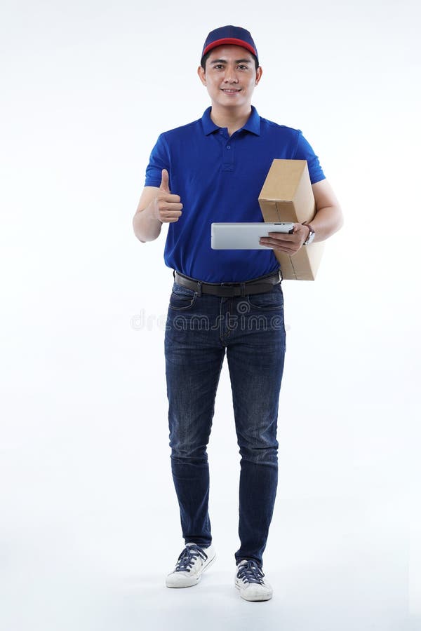 Delivery Man in Blue Uniform with Packages Isolated on White Stock ...