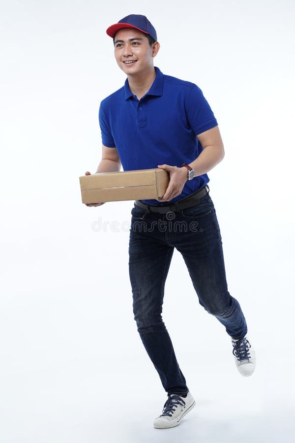 Delivery Man in Blue Uniform with Packages Isolated on White Stock ...