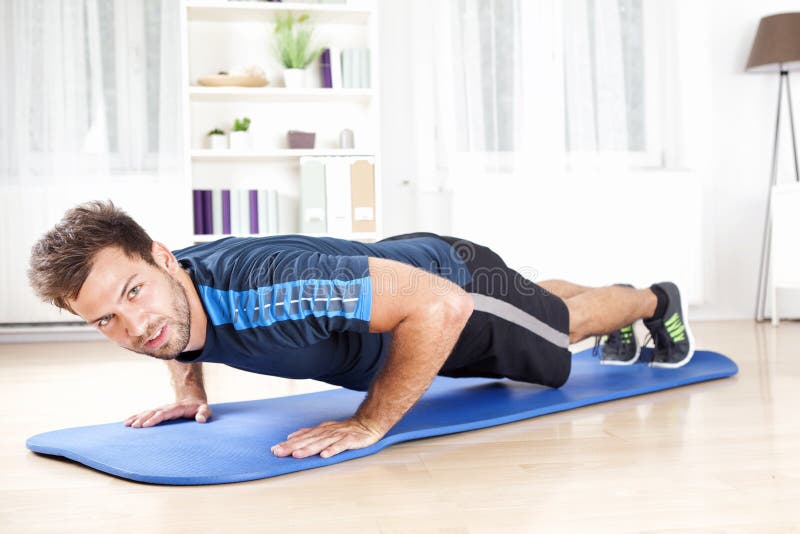Handsome Man Doing Push Ups at Home Stock Image - Image of planking ...