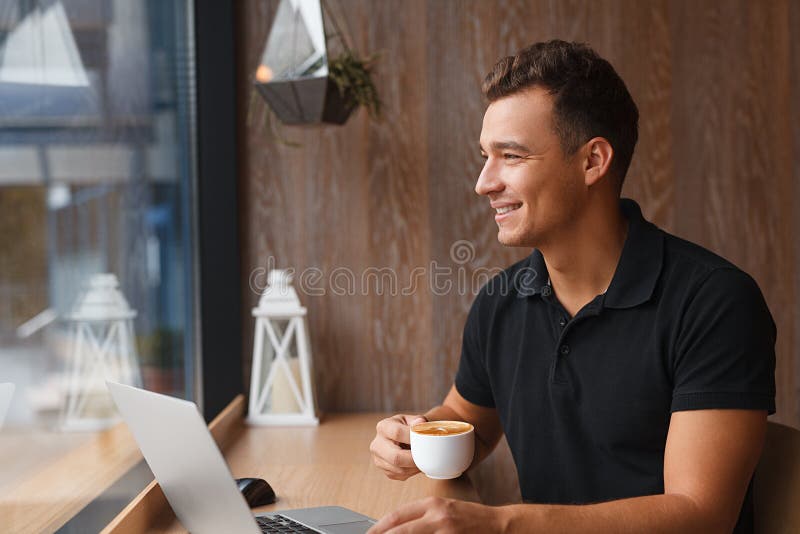 Handsome Man Drinking Coffee and Looking Outside Window Stock Image ...
