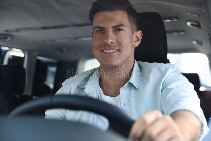 Handsome Man Driving His New Car Stock Photo - Image of retail, fashion ...