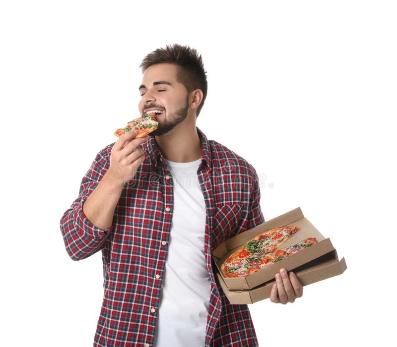 Handsome Man Eating Pizza Isolated Stock Photo - Image of dough, cooked ...