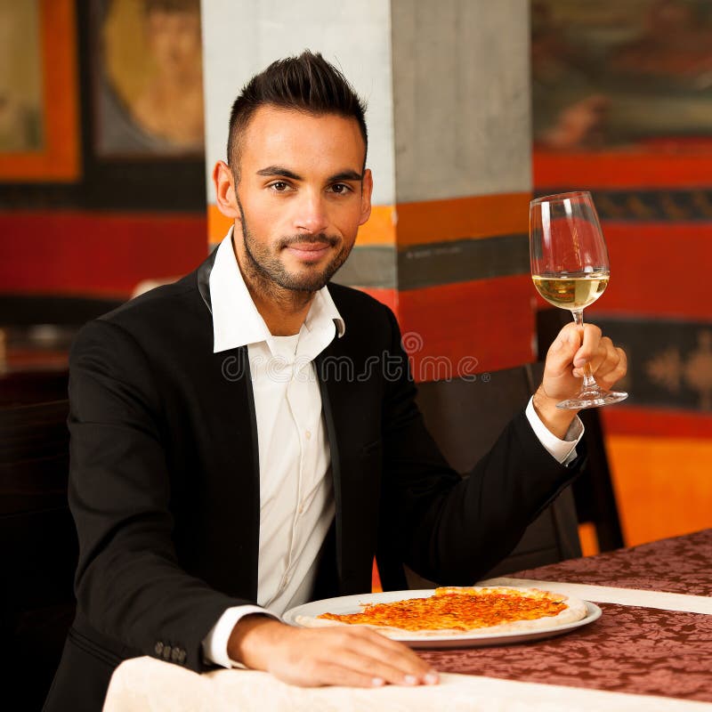 Handsome Man Eating Pizza in Restaurant Stock Image - Image of eating ...